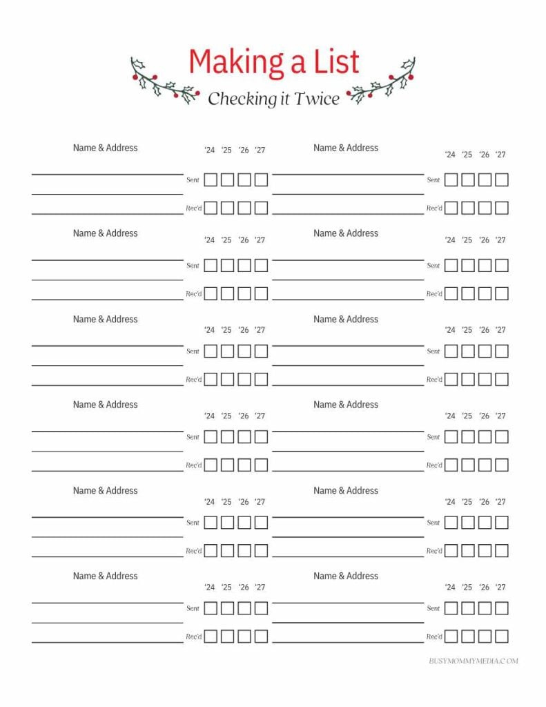 Free Printable Christmas Card Address List Template - Only Printables